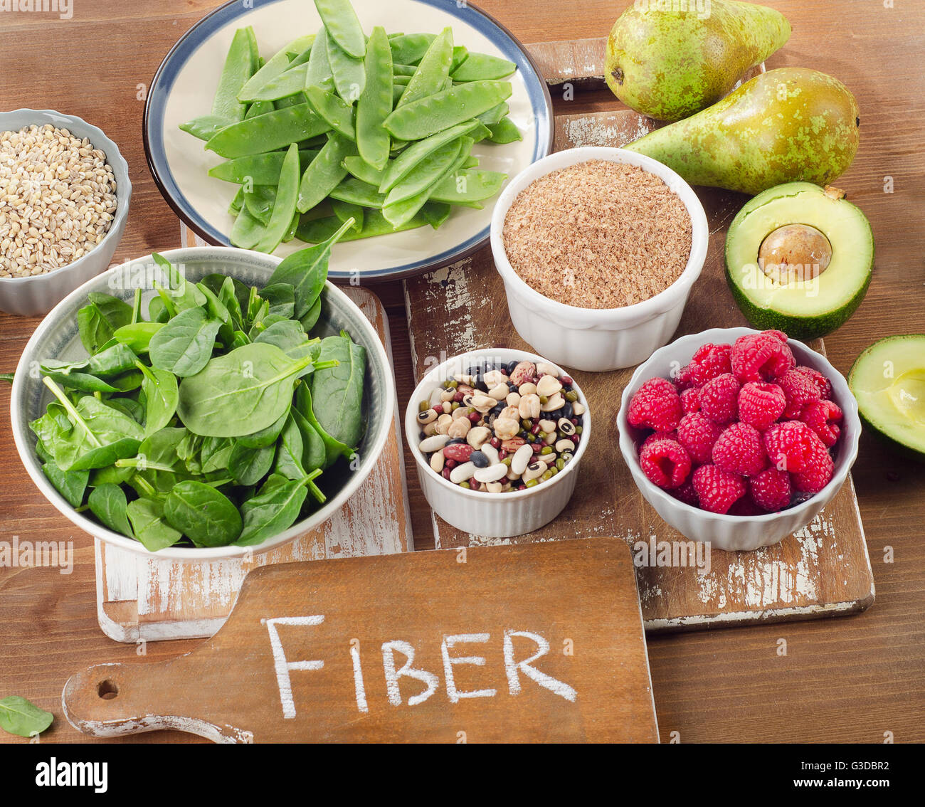 Foods rich in Fiber on wooden background. Healthy eating. Top view ...
