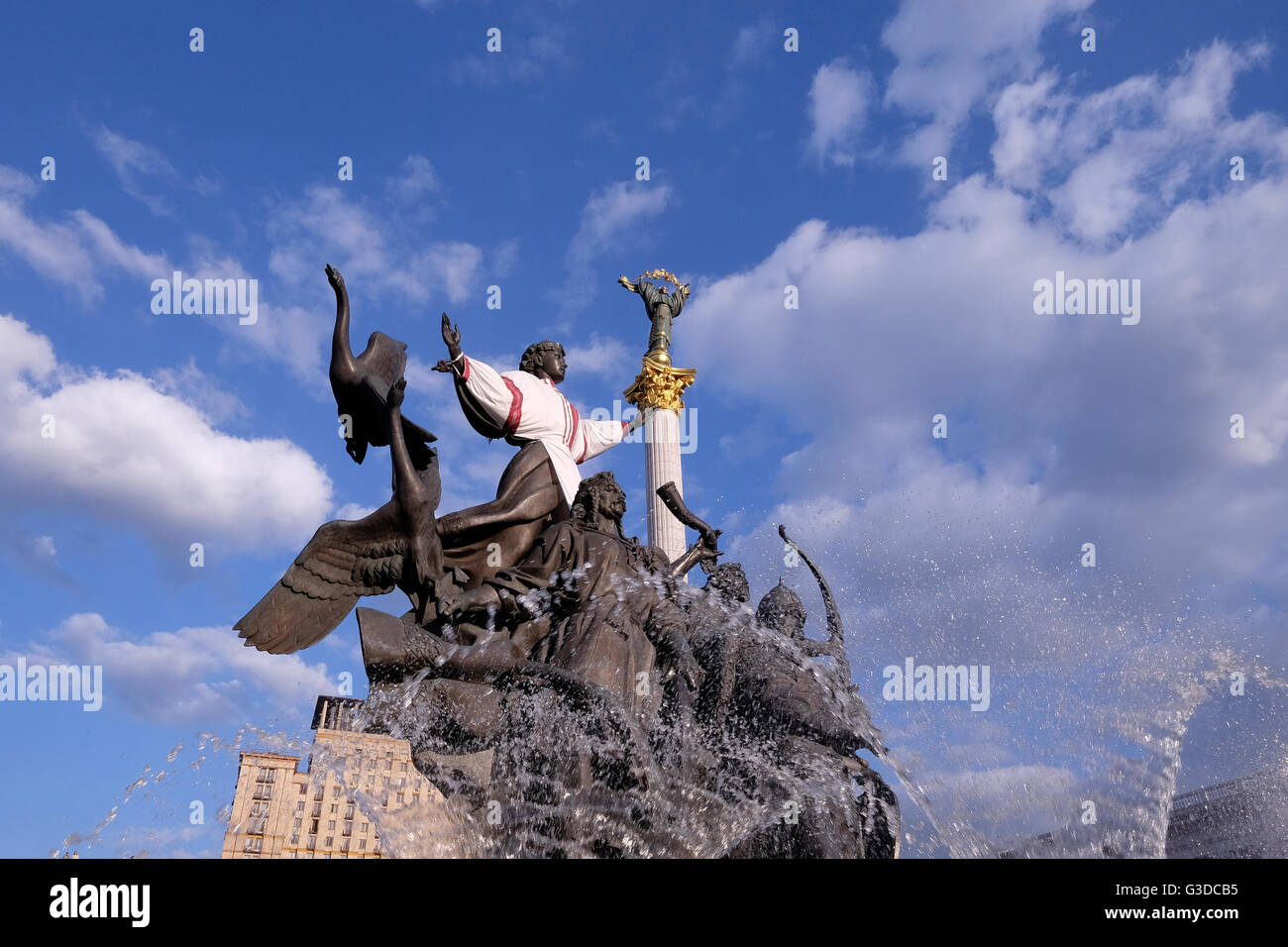 Statues of Kyi, Shchek and Khoryv the three legendary brothers along ...