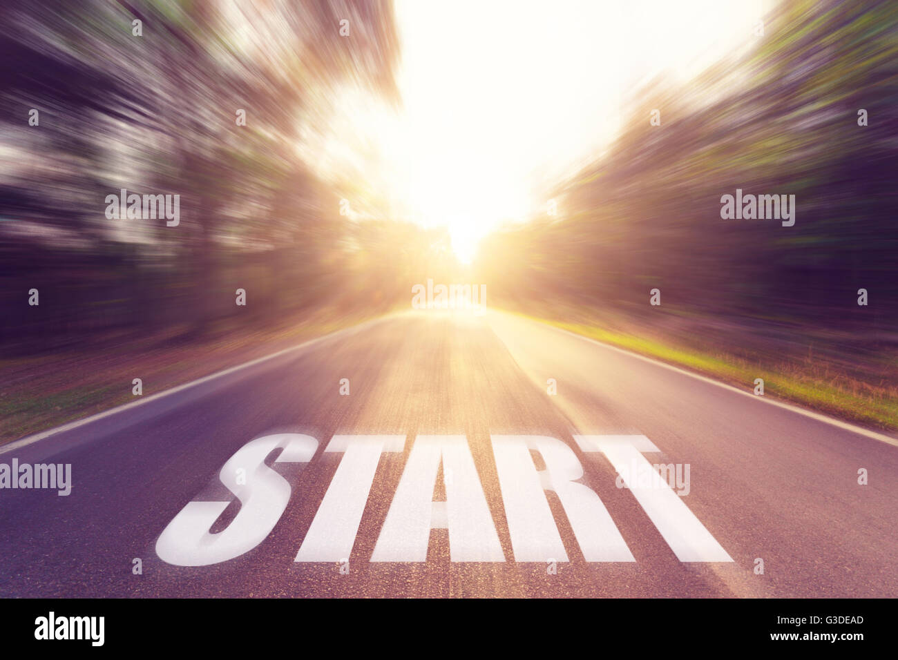 Empty blur asphalt road and sunlight and sign which symbol Start ...