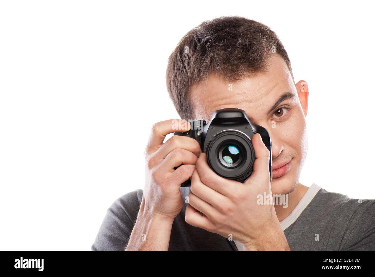 male photographer with camera isolated on white Stock Photo - Alamy