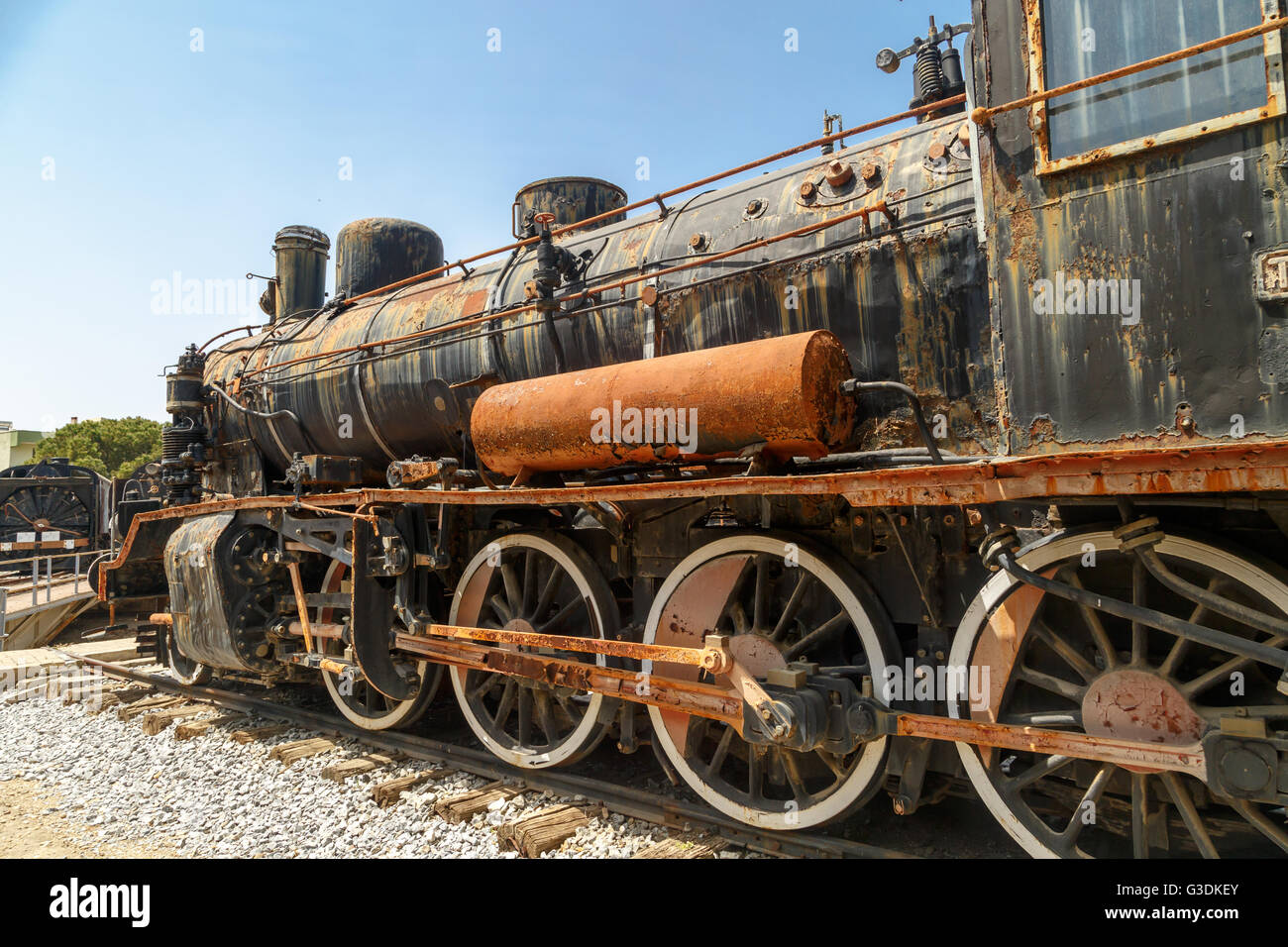Close up detailed view of historical old rusty iron train locomotives ...