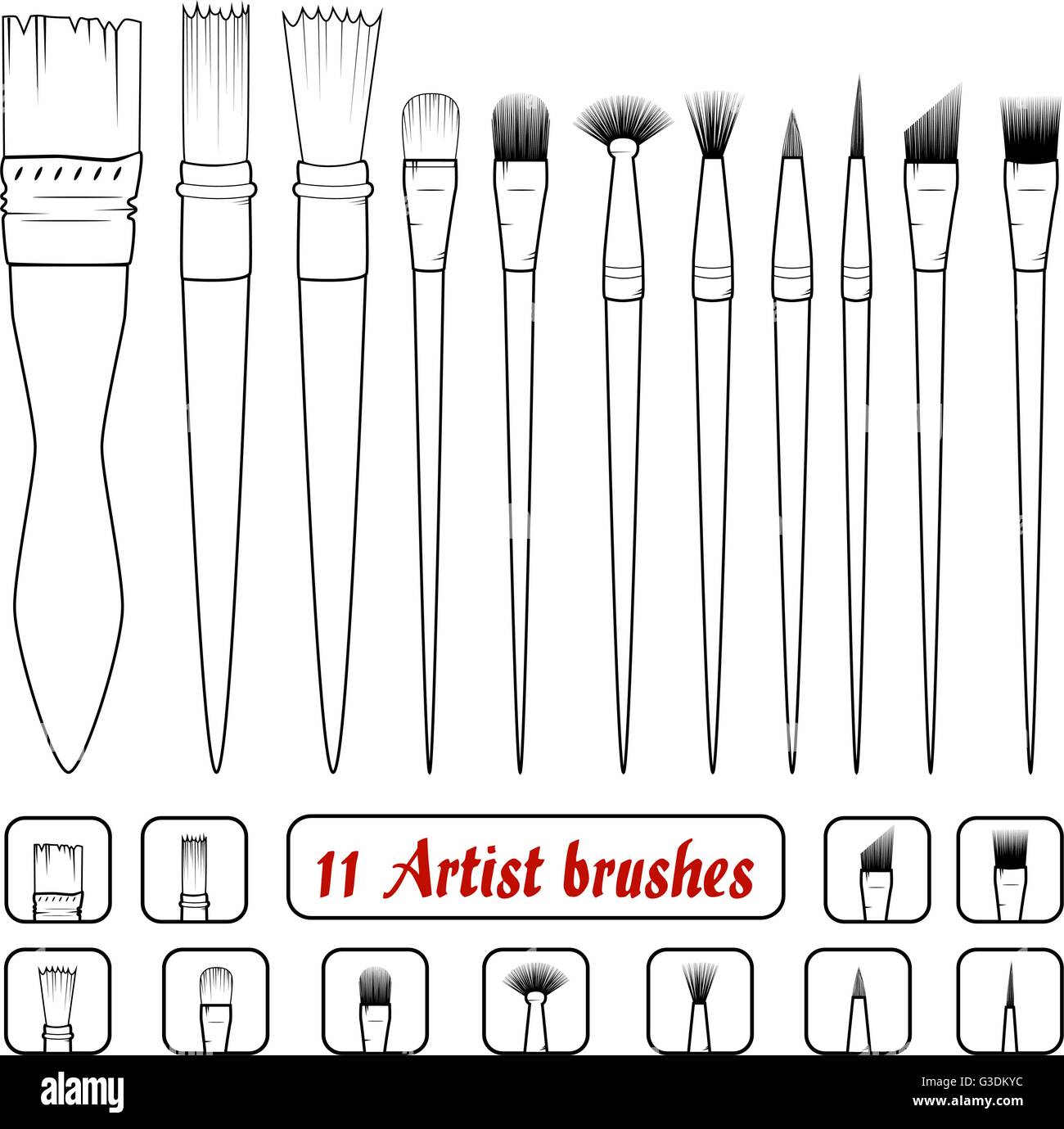 vector. Set of 11 art brushes. Icons of filbert brush, linear brush ...