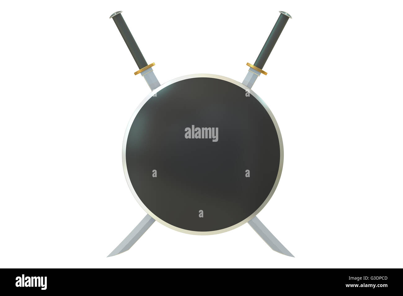 Two crossed Japanese samurai katana swords and shield, 3D rendering ...