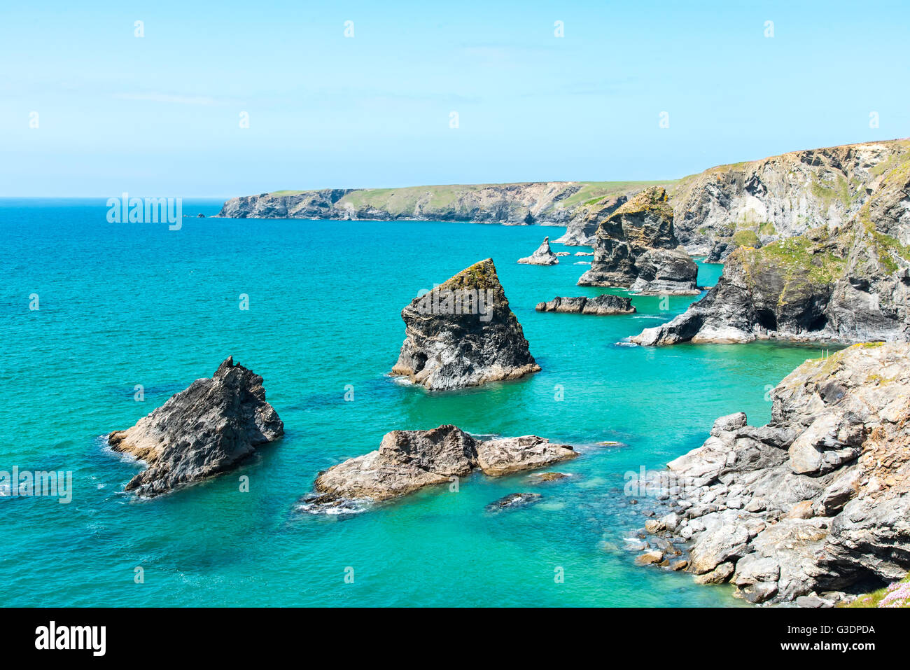 Bedruthan Steps, Cornwall. The major sea stacks visible, are Redcove ...