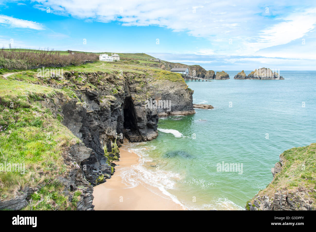 Rock Arch at Long Cove, Trevose Head, North Cornwall, UK. Padstow RNLI ...