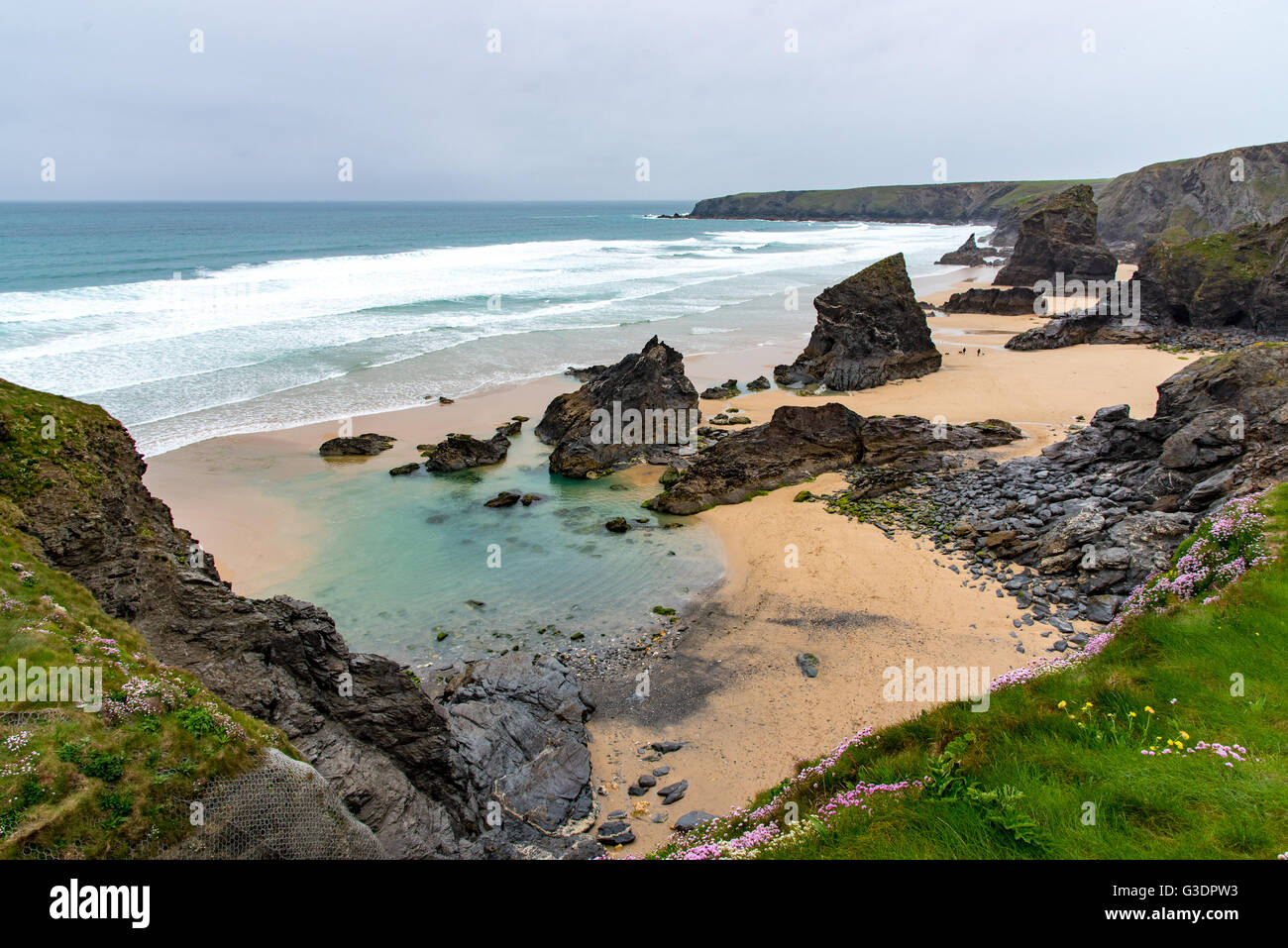 Bedruthan Steps, North Cornwall. The major sea stacks visible, are ...