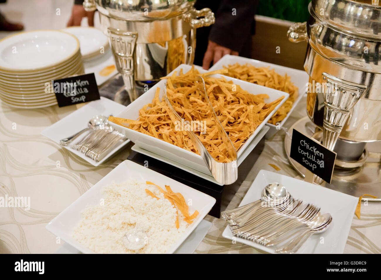 Baked tortilla strips next to soup at hotel buffet - USA Stock Photo ...