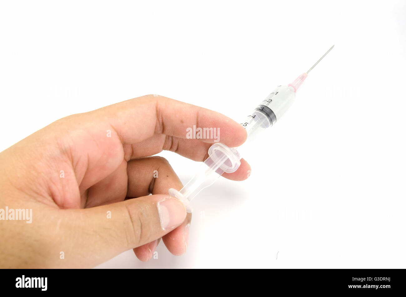 Hand hold a plastic syringe(disposable syringe) for chemical at the ...