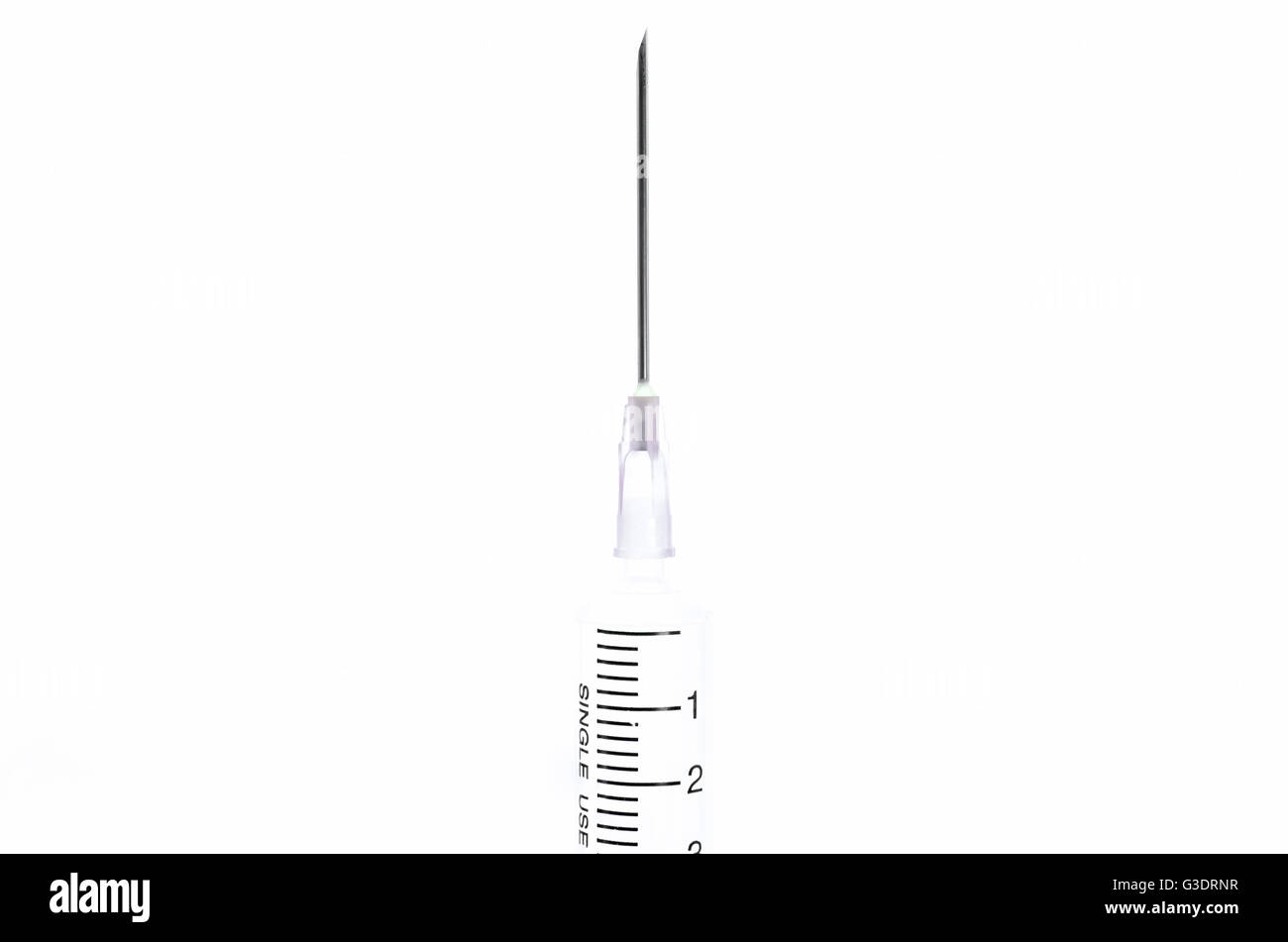 Fairly standard design single use syringe (disposable syringe) on white ...