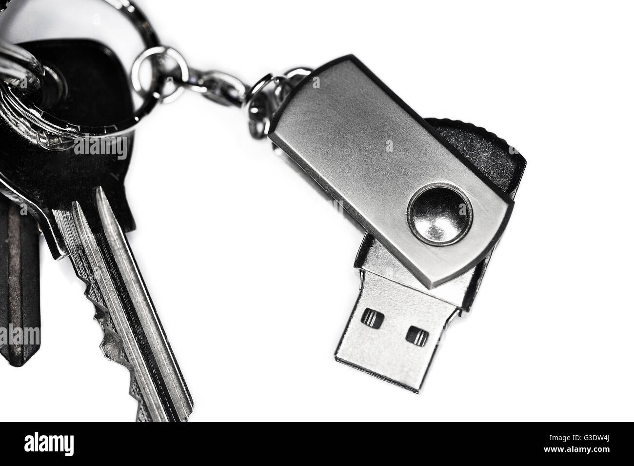 keyring with a USB keychain photographed in studio on white background ...