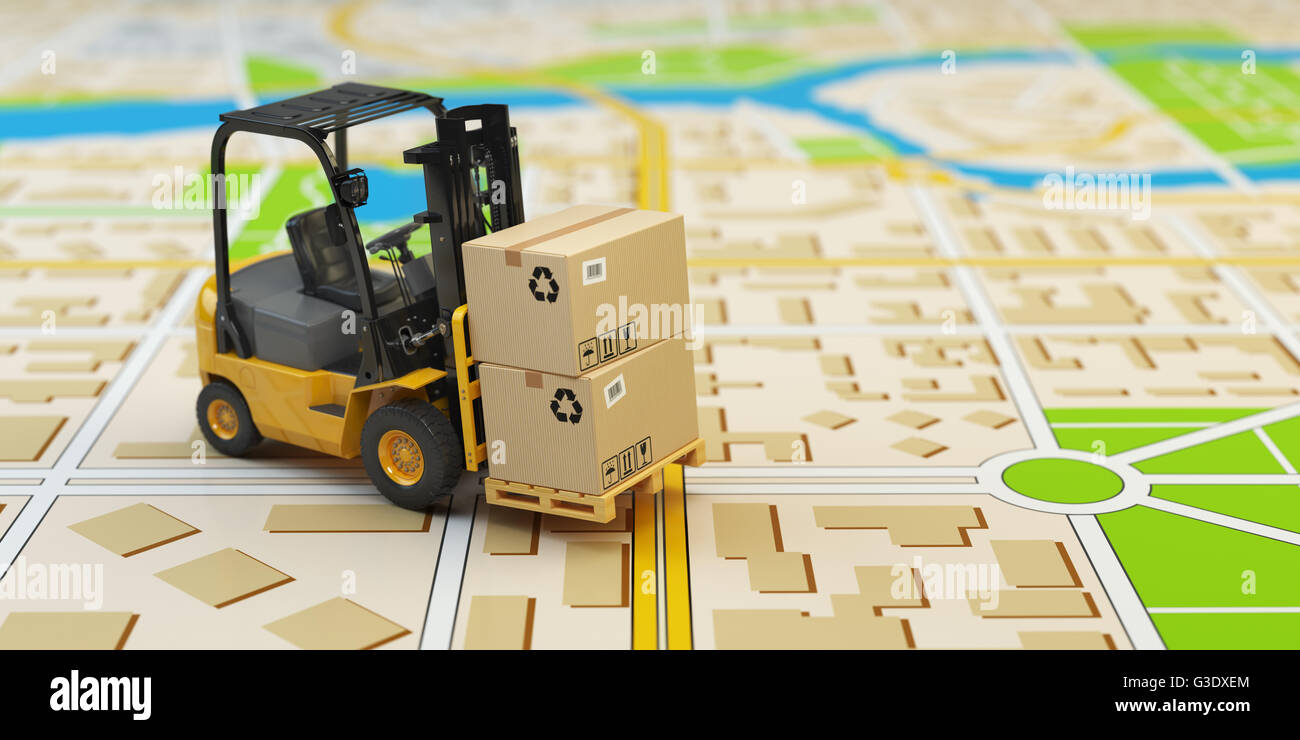 Forklift with cardboard boxes on the city map. Cargo delivery concept ...