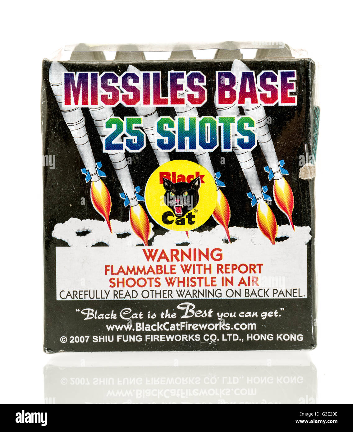 Winneconne, WI - 11 June 2016: Black cat missle base fireworks on an ...