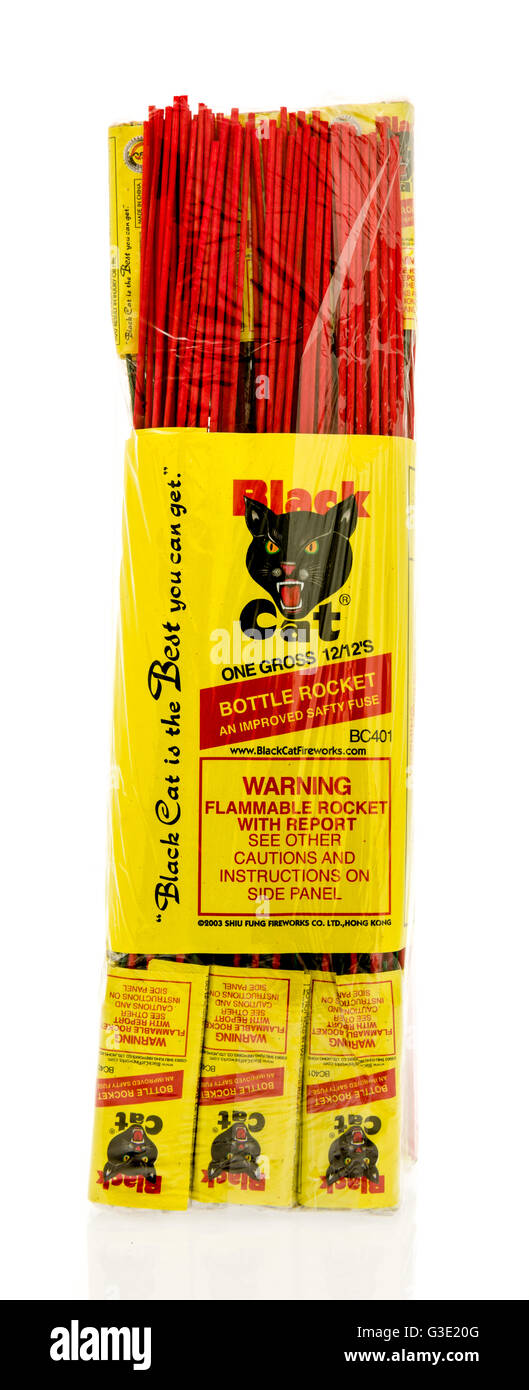 Winneconne, WI - 11 June 2016: Black cat bottle rockets fireworks on an ...