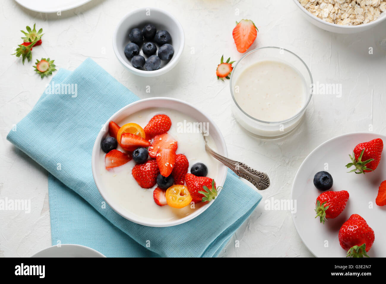 breakfast yogurt bowl with berries, food top view Stock Photo - Alamy