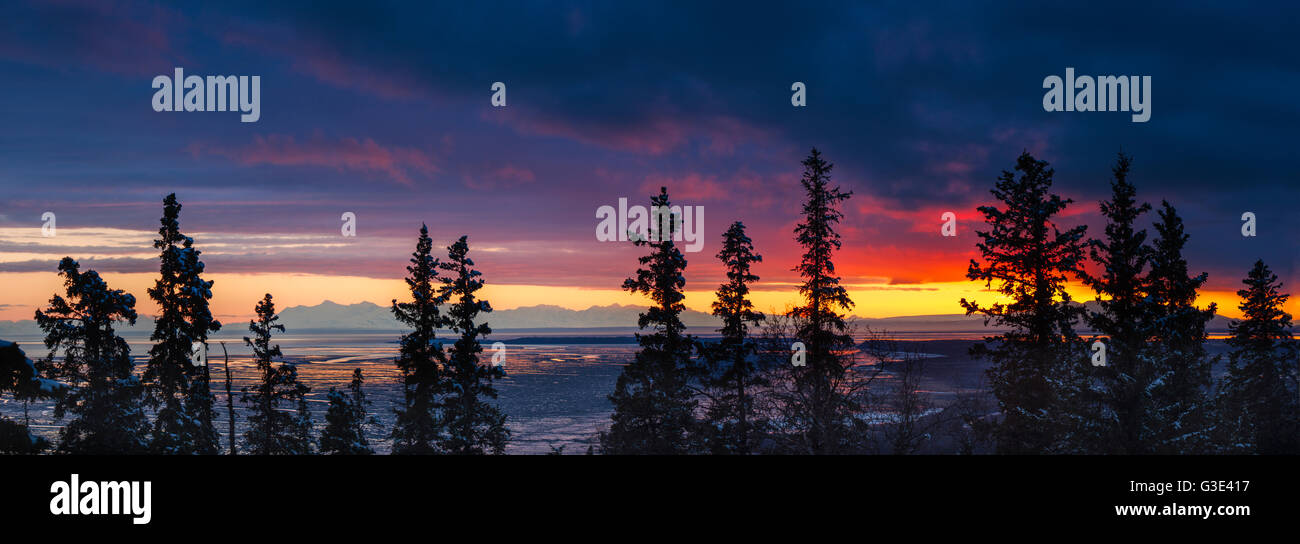 Panoramic view of sunset over the Cook Inlet from the Anchorage ...