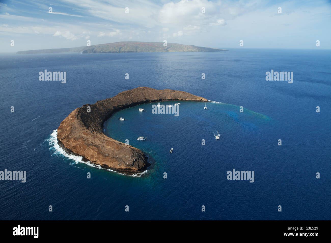 Aerial View Of Snorkelling And Scuba Boats, Molokini Island, Between ...
