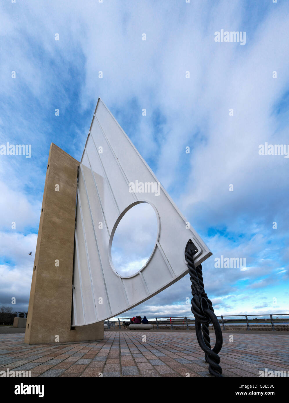 Nautical sculpture of a boat sail at the waterfront; South Shields ...