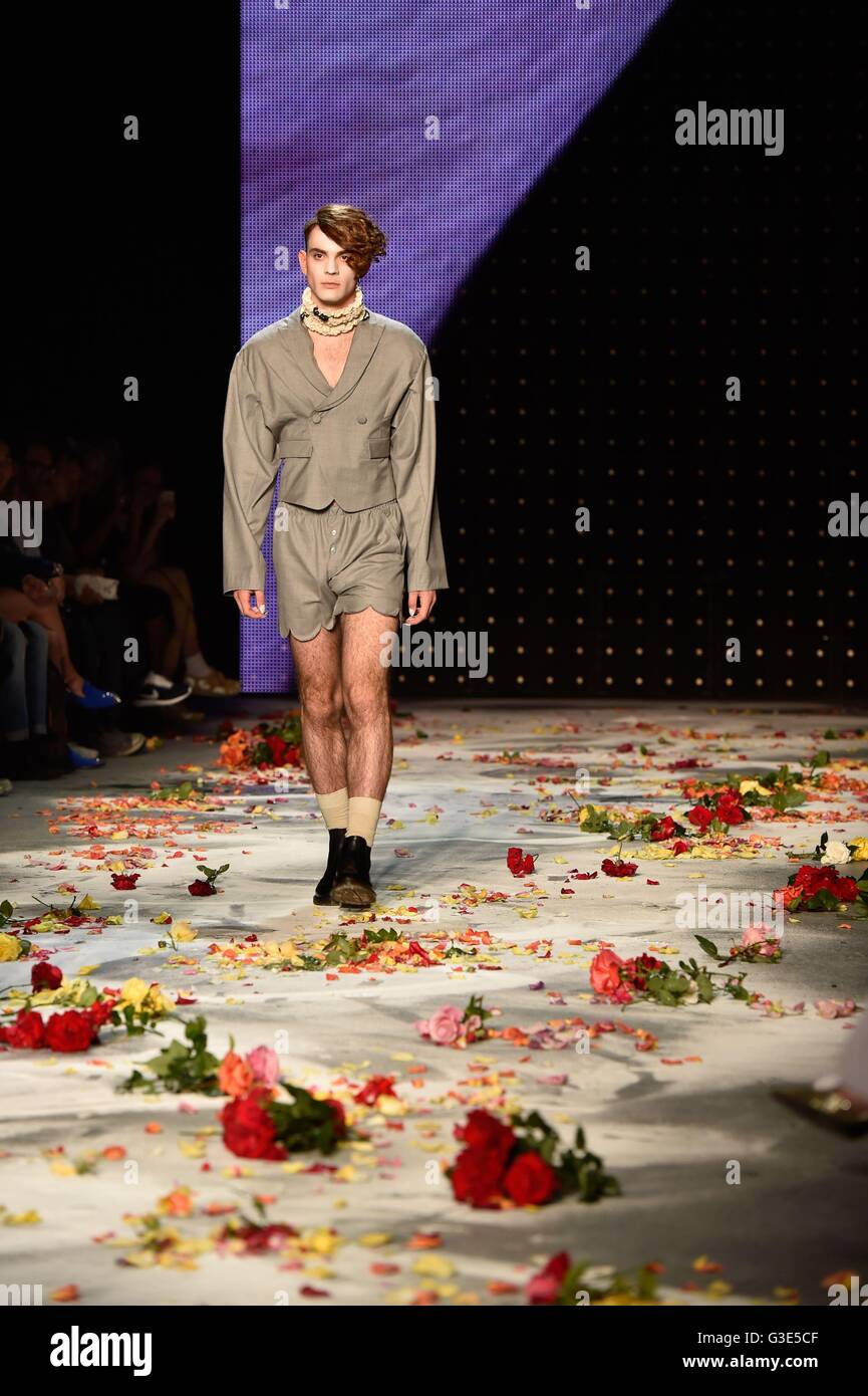 A model on the catwalk at the MAN show for London Collections Men SS17 ...