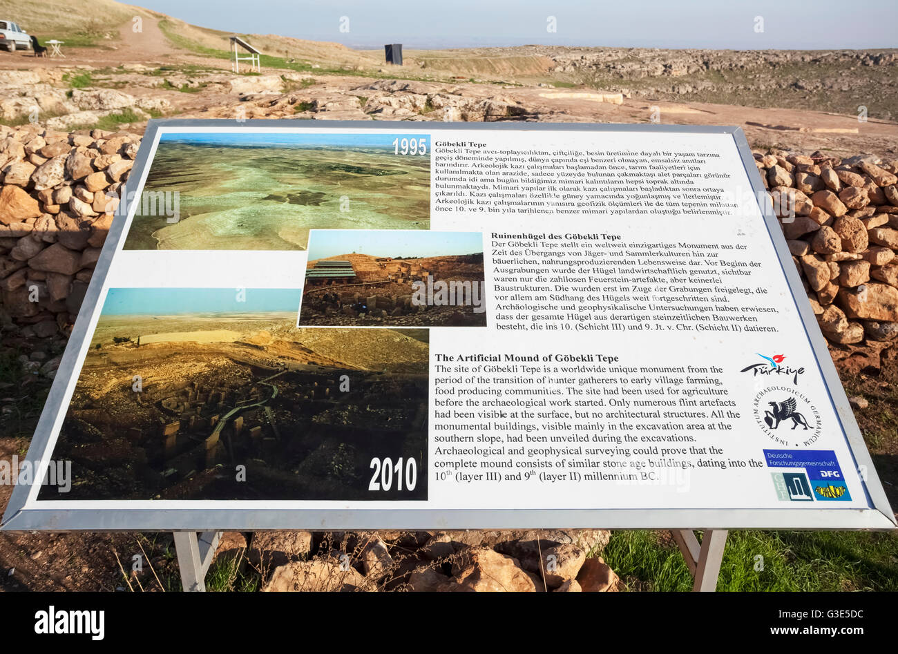 Sign at the ancient ruins of the oldest civilization; Gobekli Tepe ...