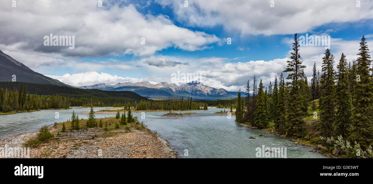 Mountain view along the Athabasca river, Jasper National Park; Jasper ...