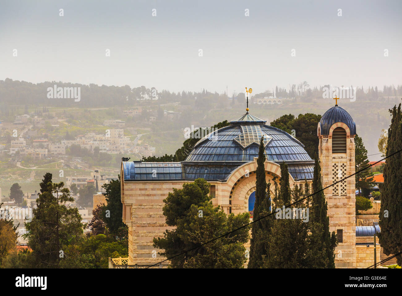 Church building with dome and gold cross; Jerusalem, Israel Stock Photo ...