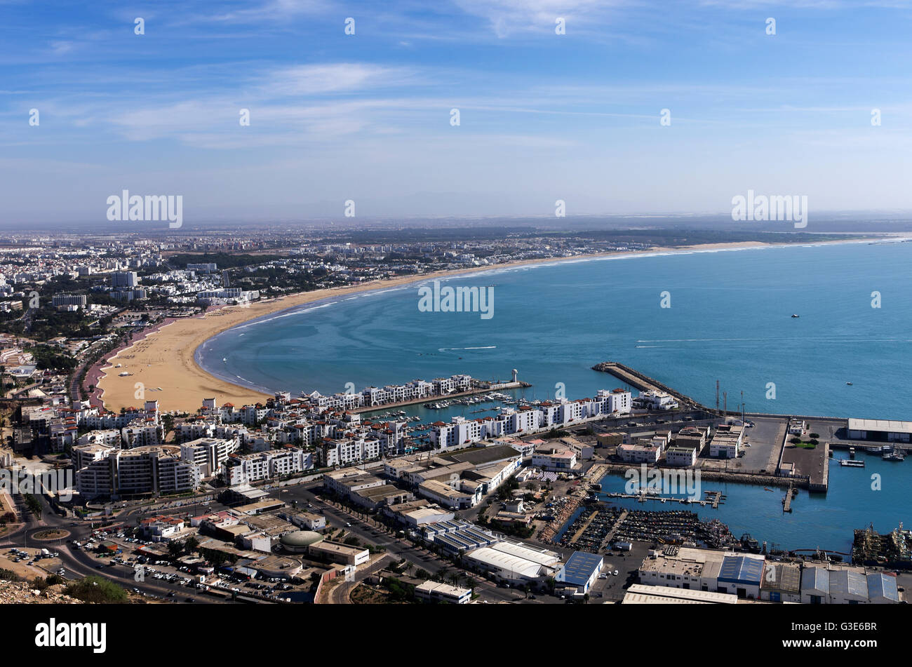 View of town, beach and Agadir bay taken from Kasbah; Agadir, Morocco ...