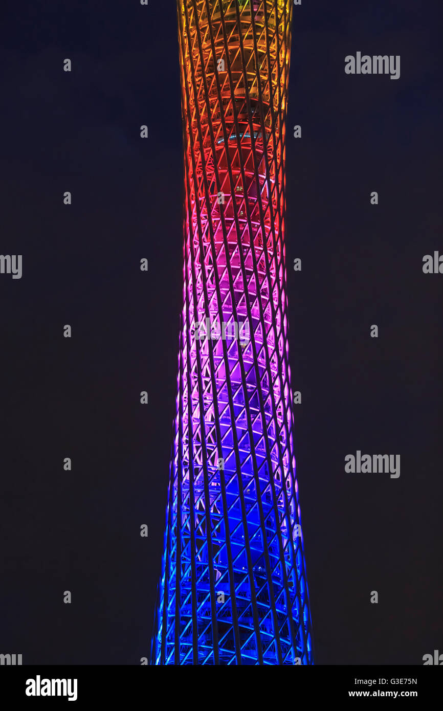 Canton Tower with colourful illumination at nighttime; Guangzhou, China ...