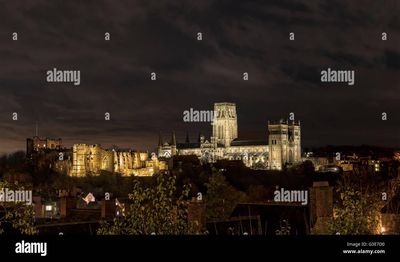Durham Cathedral and Castle illuminated at night; Durham, England Stock ...