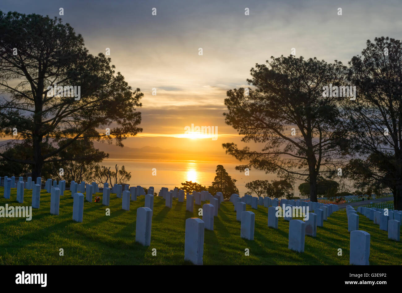 The Sun rising with view from Fort Rosecrans National Cemetery. San ...