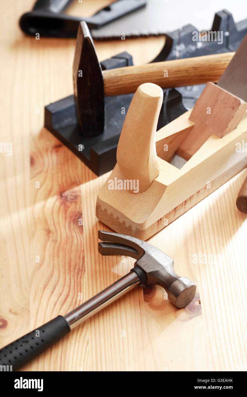 Set of carpenter tools on wooden workbench Stock Photo - Alamy