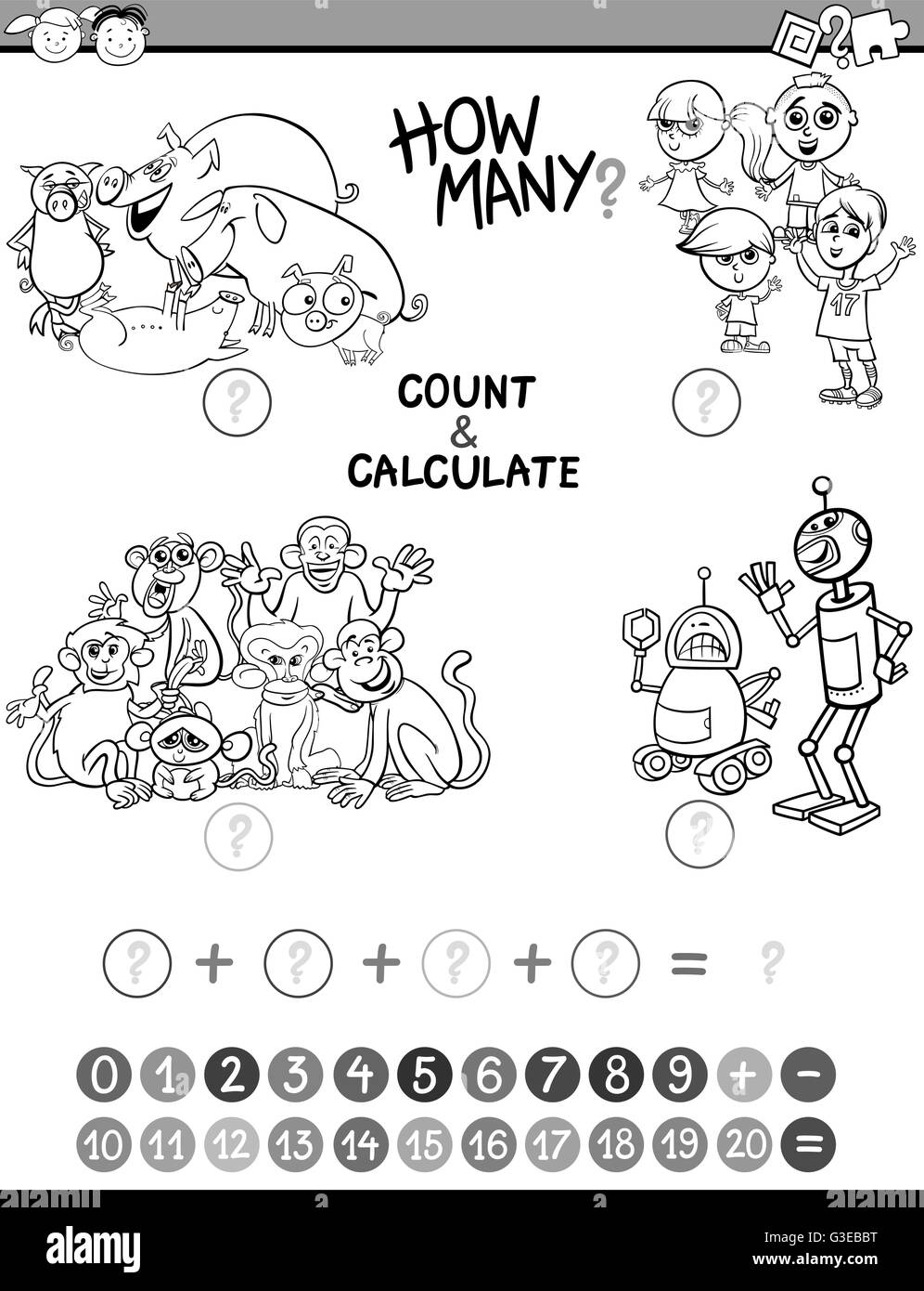 Black and White Cartoon Illustration of Educational Mathematical Count ...