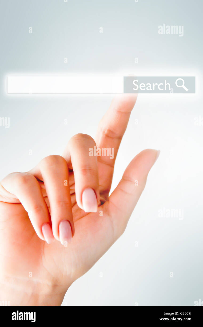 Human hand touching search button Stock Photo - Alamy
