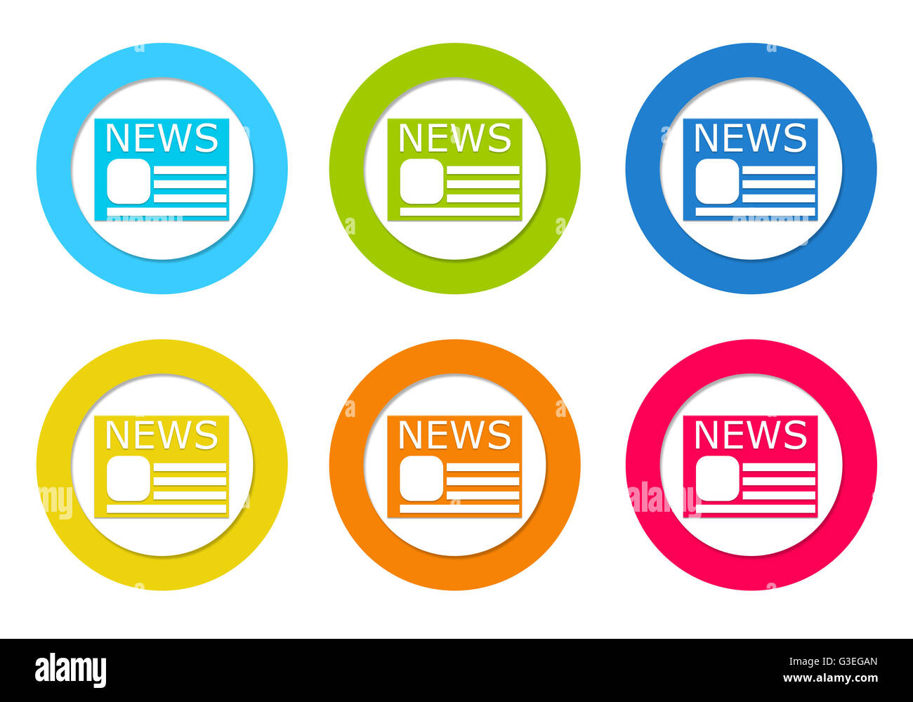 Set of rounded icons to symbolize news in blue, green, yellow, orange ...