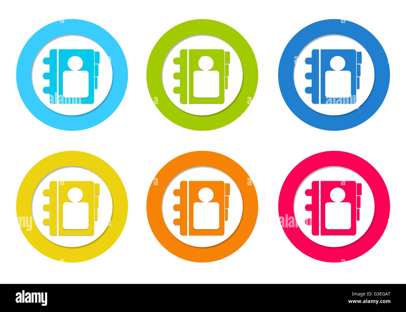 Set of rounded icons with address book symbol in blue, green, yellow ...