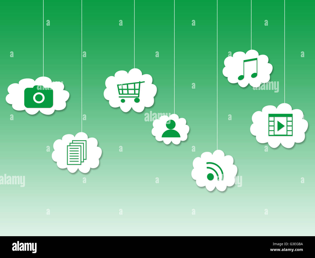 In the cloud, cloud computing applications on green background Stock ...