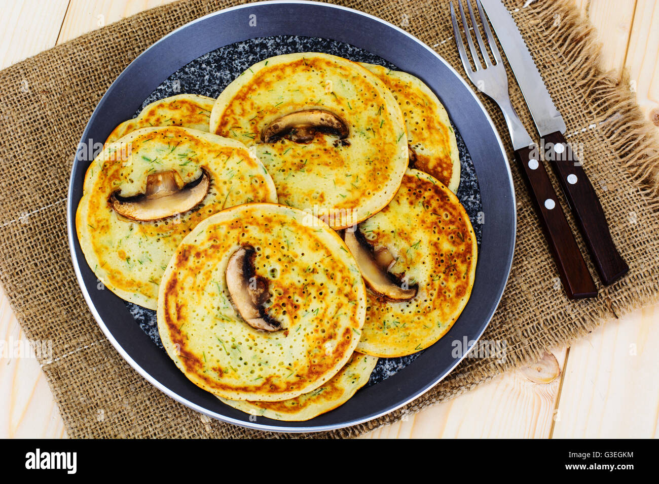 Tasty Pancakes Stack with Mushroom Stock Photo - Alamy