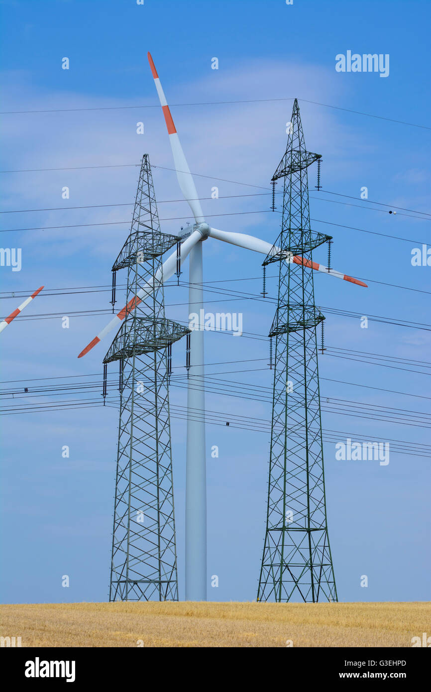 Windmill , electricity pylons, power lines, Austria, Burgenland ...