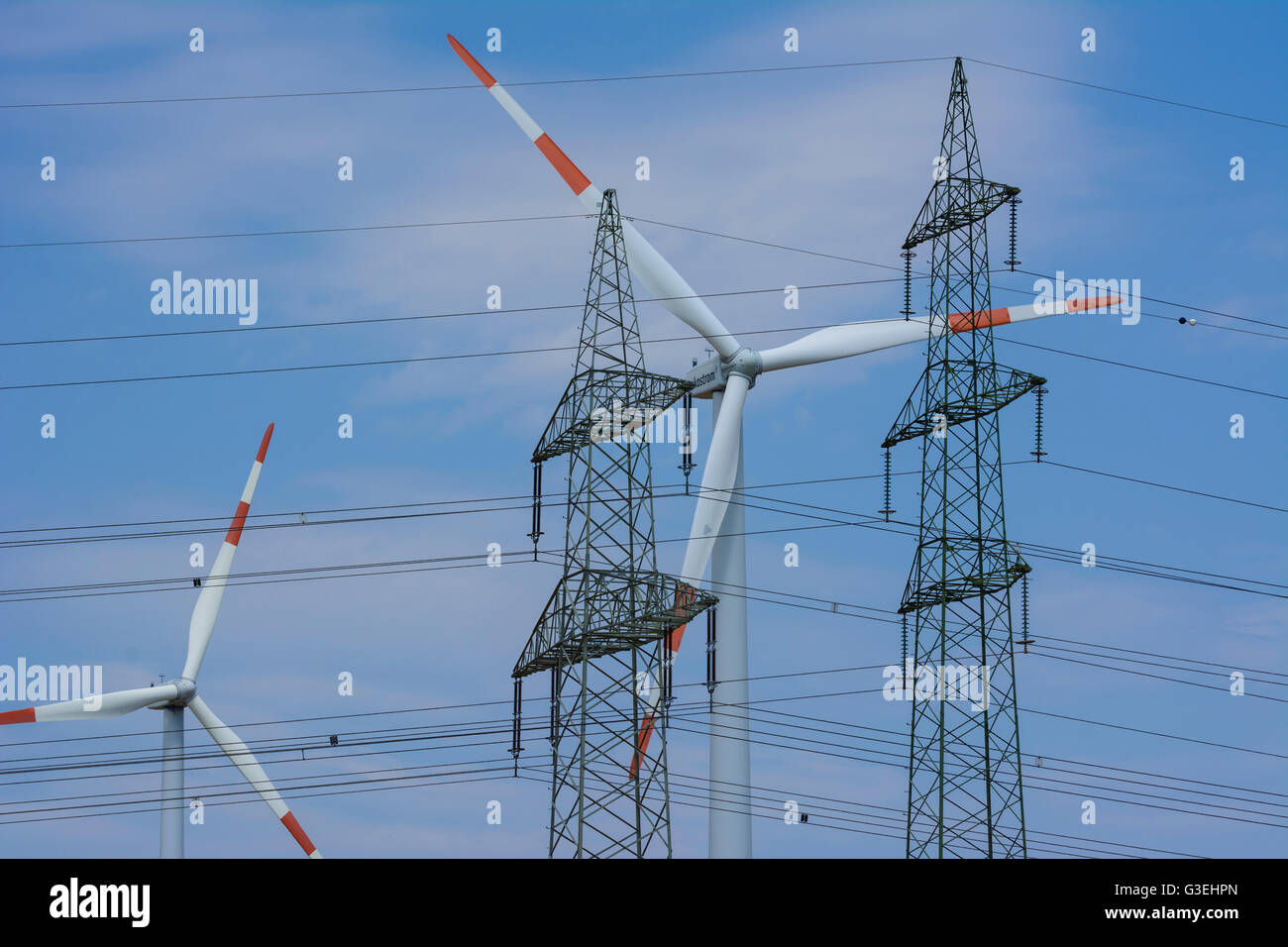 Windmill , electricity pylons, power lines, Austria, Burgenland ...