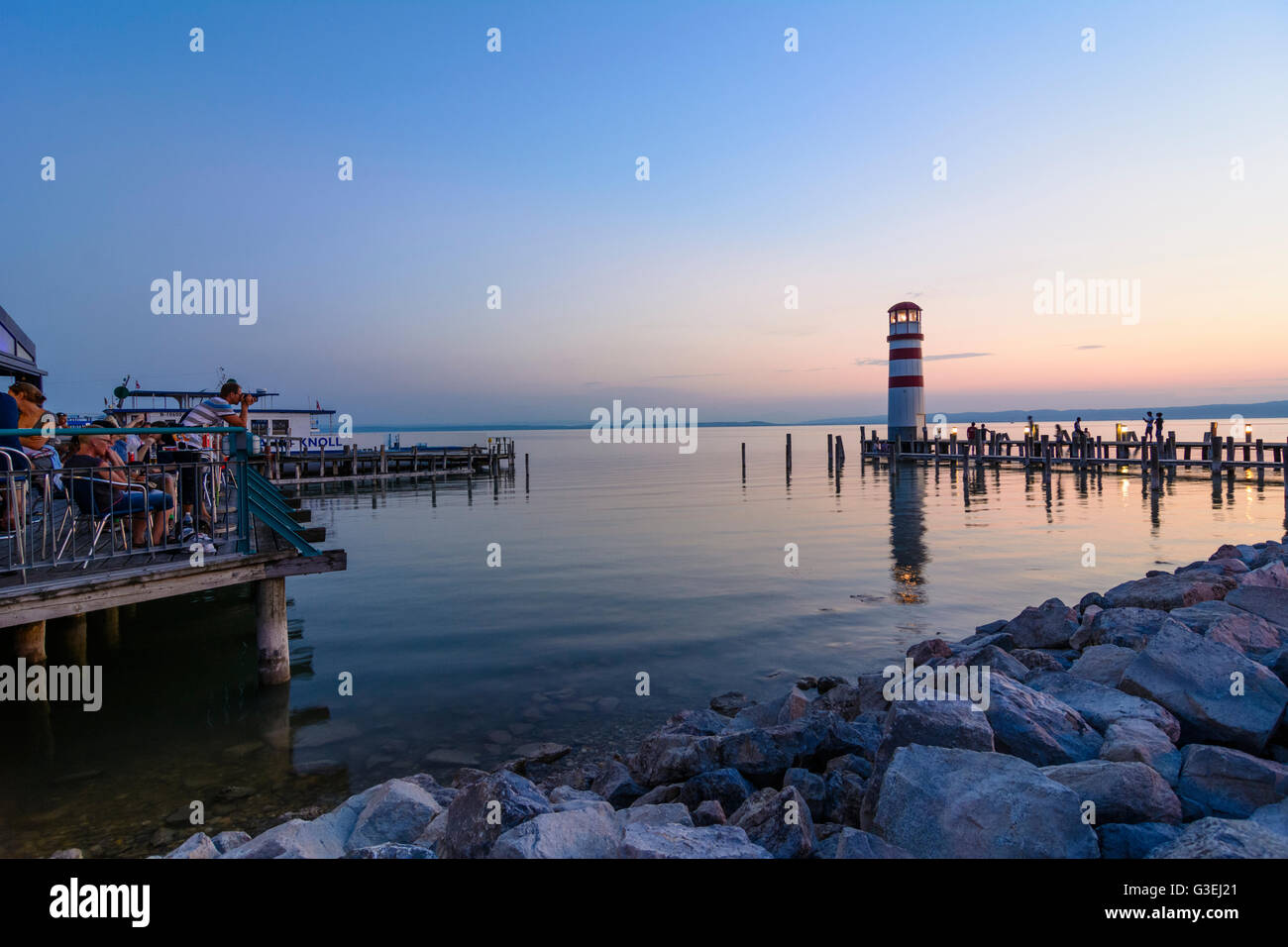 Lake Neusiedl, sunset, port, lighthouse, Austria, Burgenland ...