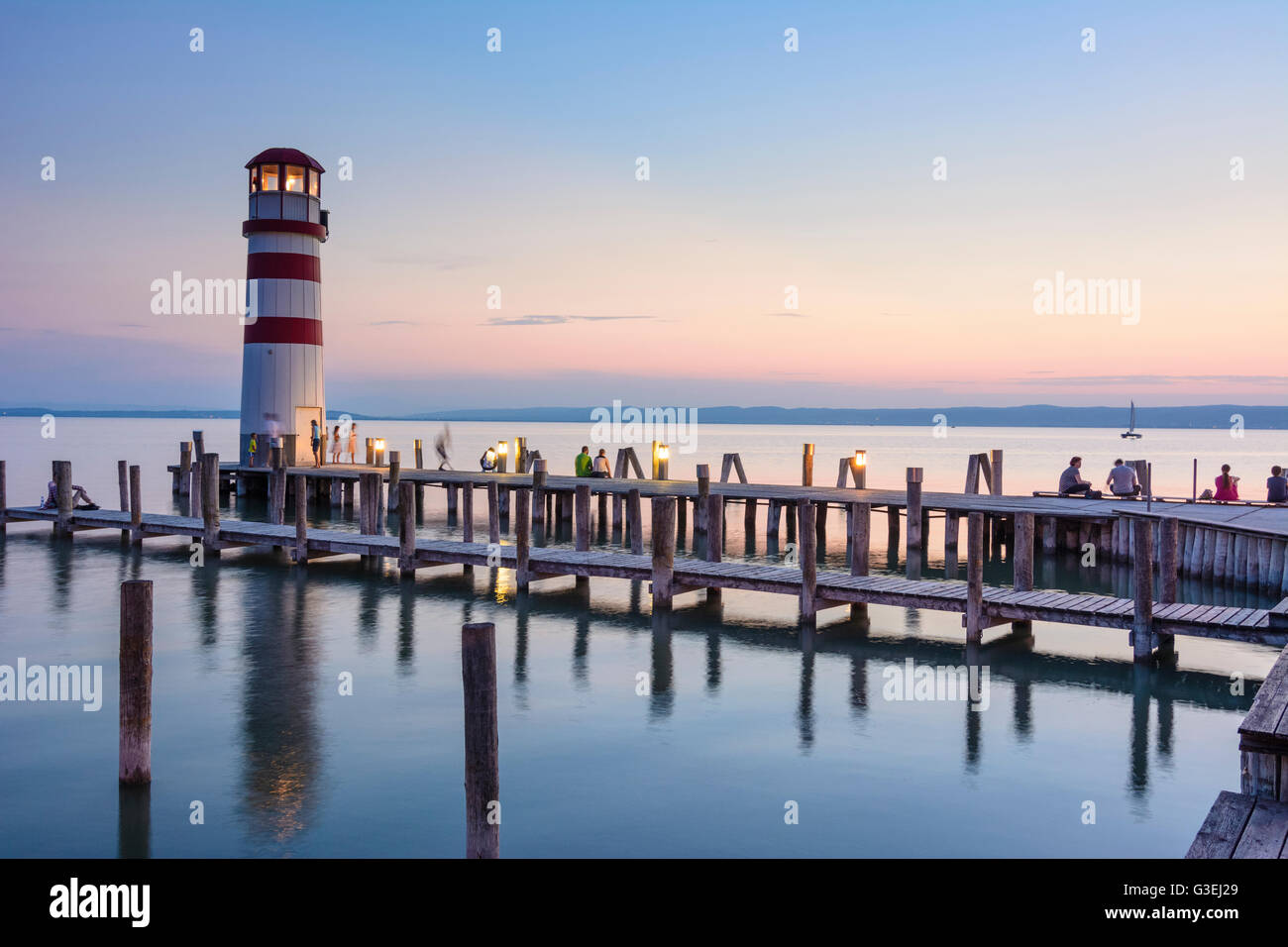 Lake Neusiedl, sunset, port, lighthouse, Austria, Burgenland ...