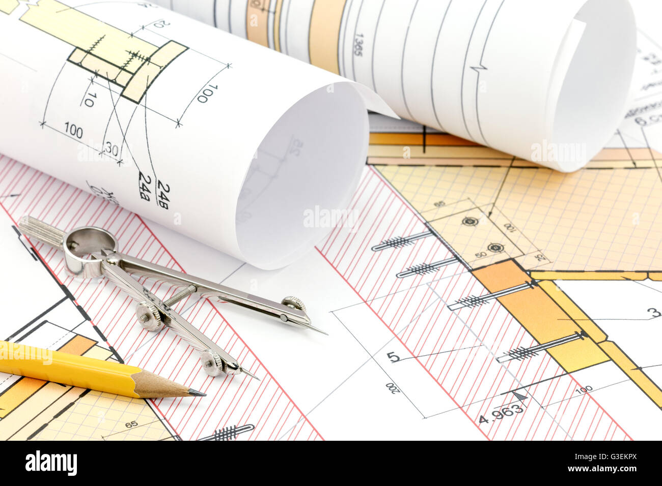 construction plan, technical project, pencil and drawing compass Stock ...