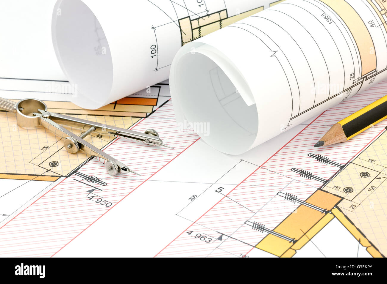 architectural project, technical drawing, blueprint rolls on plan Stock ...