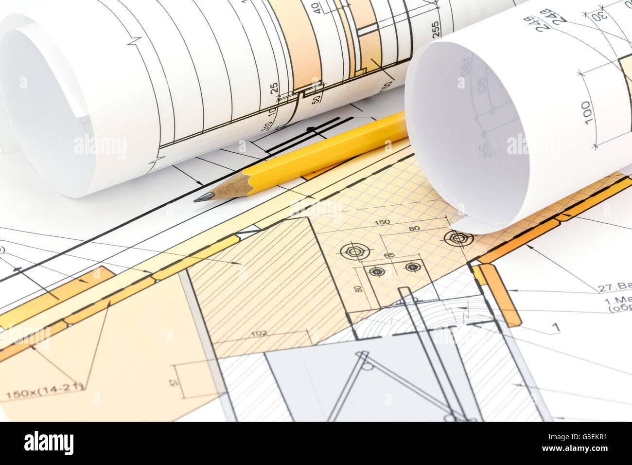 part of architectural project with rolls of blueprints and pencil Stock ...