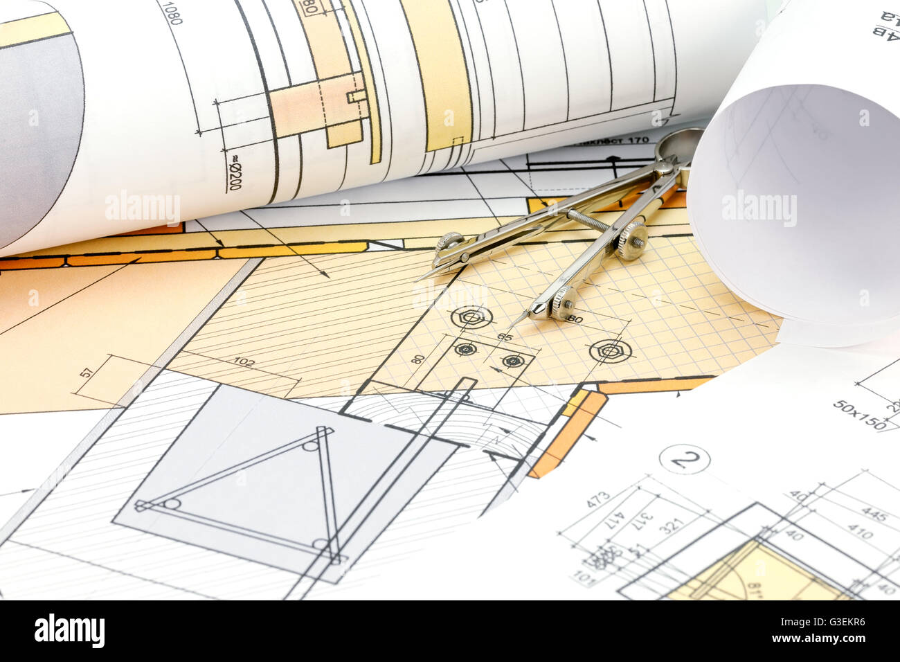 architects workspace with blueprint, rolls and drawing compass Stock ...