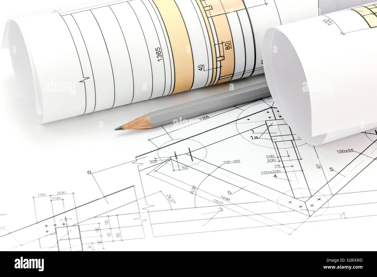 architectural blueprints and house plan with pencil closeup Stock Photo ...