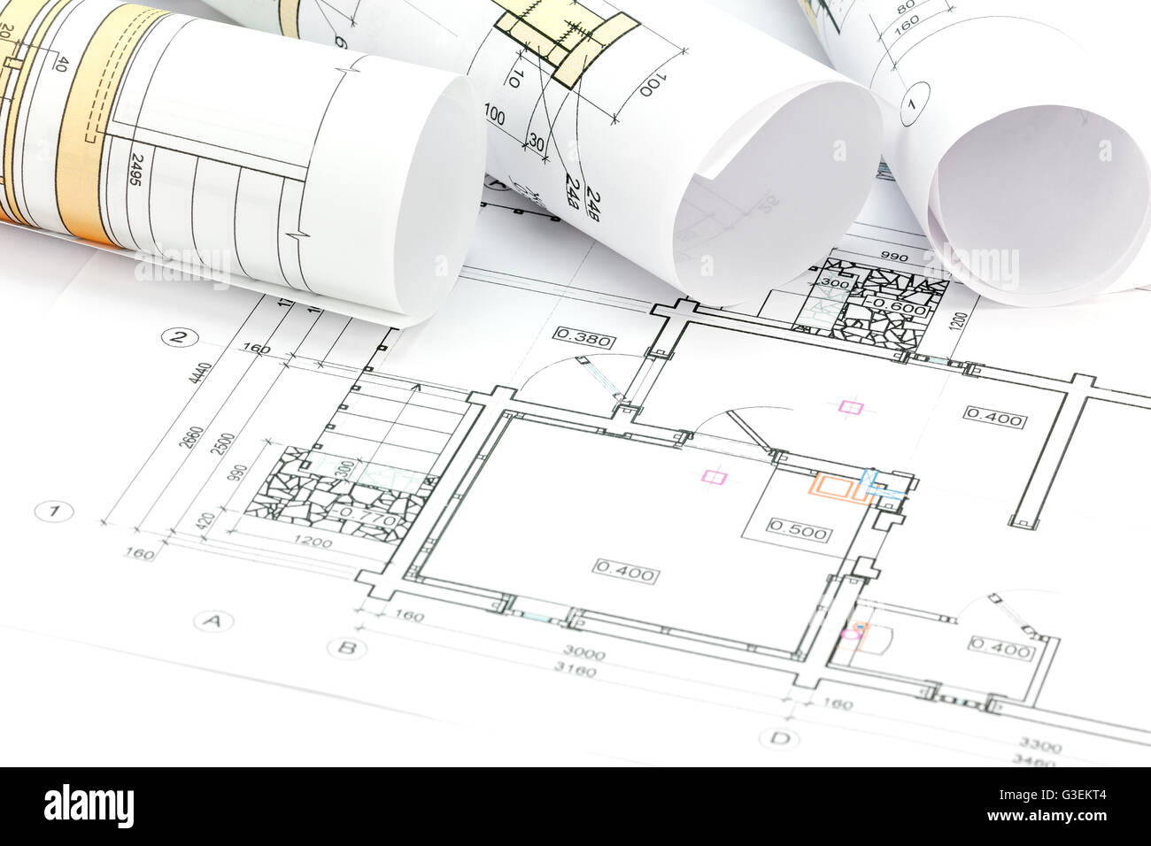 architectural plan, blueprints rolls and technical project drawings ...