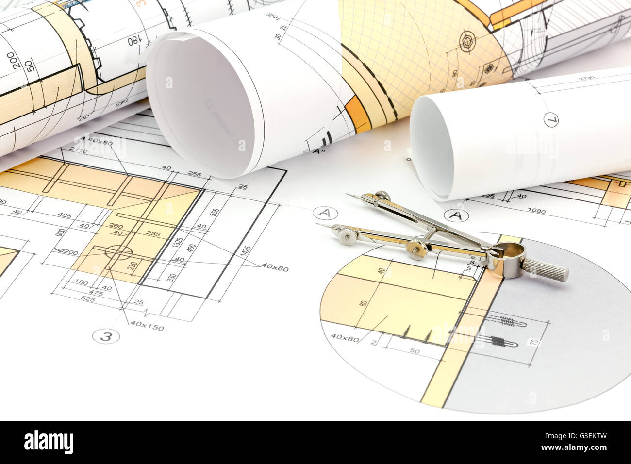 technical project drawings with rolls of architectural blueprints Stock ...