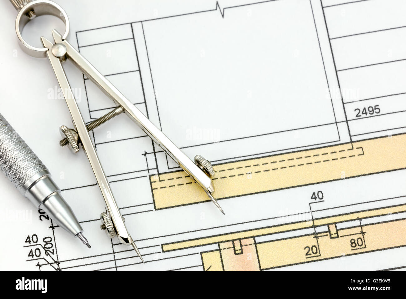 part of architectural project with drawing compass and pencil Stock ...