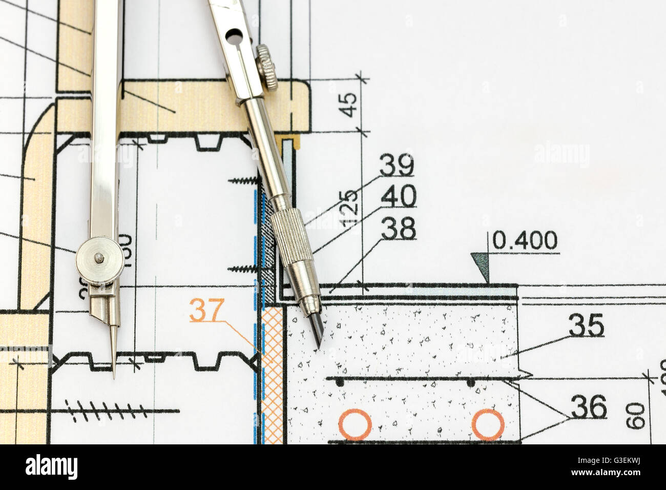 architect workspace with blueprint and drawing compass closeup Stock ...