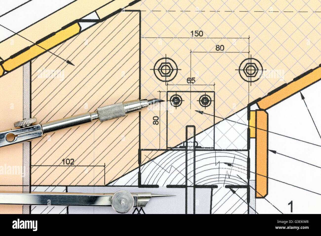 drawing compass on color technical drawing top view Stock Photo - Alamy
